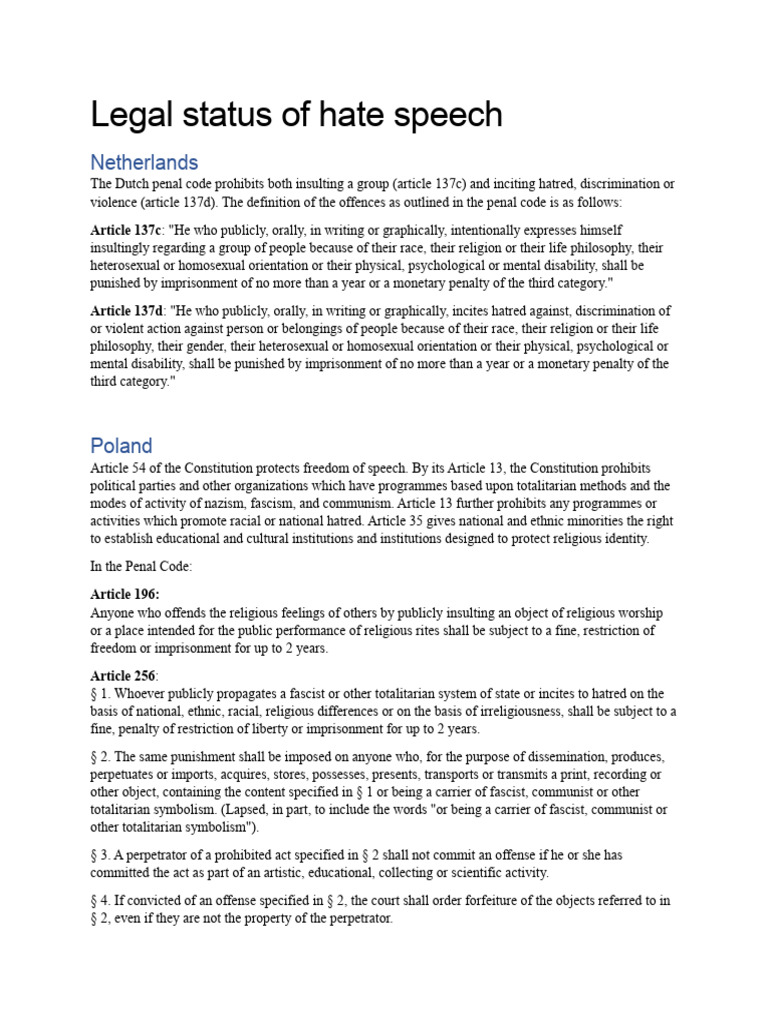 Legal Status of Hate Speech | PDF | Hatred | Hate Speech