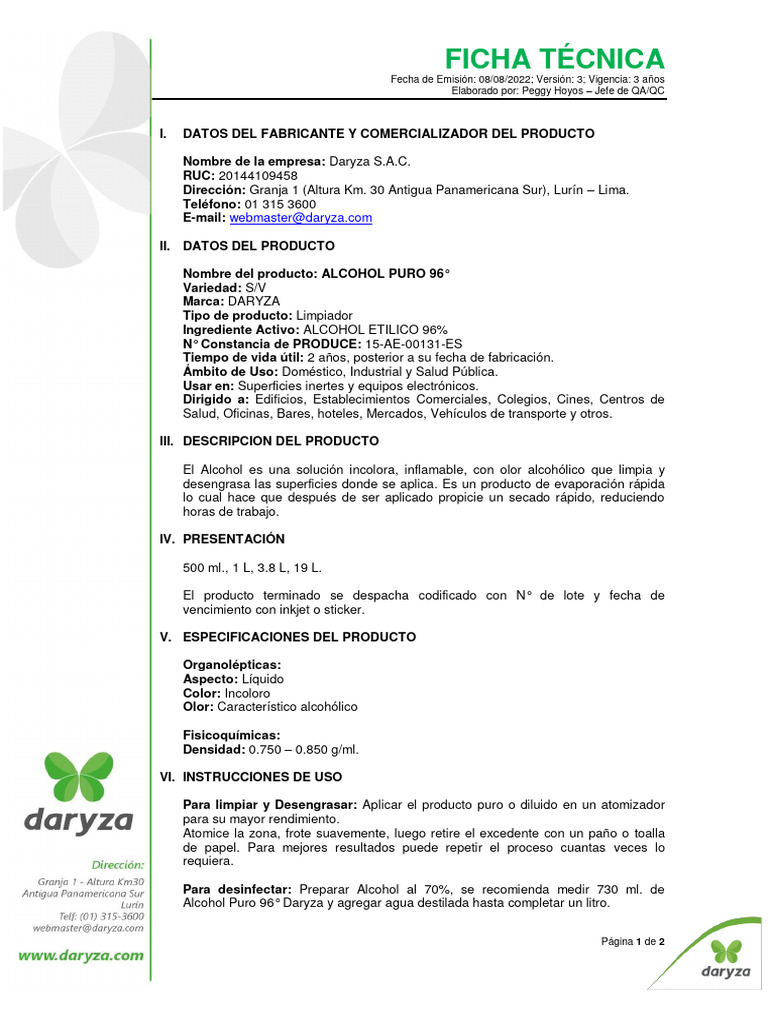 Ficha Tecnica Alcohol Puro 96° Daryza | PDF