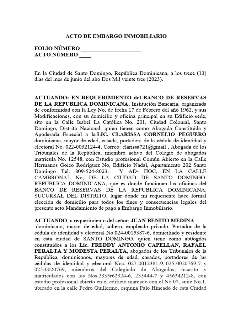 Acto de Embargo Inmobiliario 2023 | PDF | República Dominicana ...