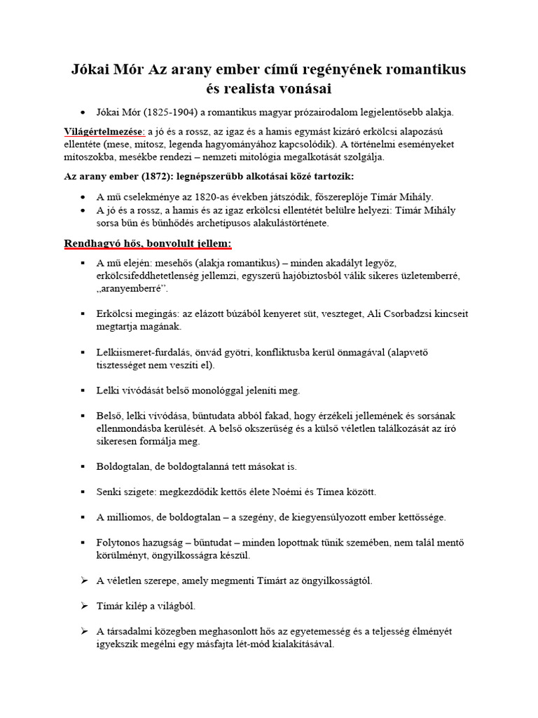 Jókai Mór Az Arany Ember Című Regényének Romantikus És Realista Vonásai | PDF