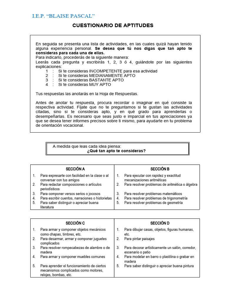 Cuestionario de Aptitudes - Protocolo - 3 SEC | PDF