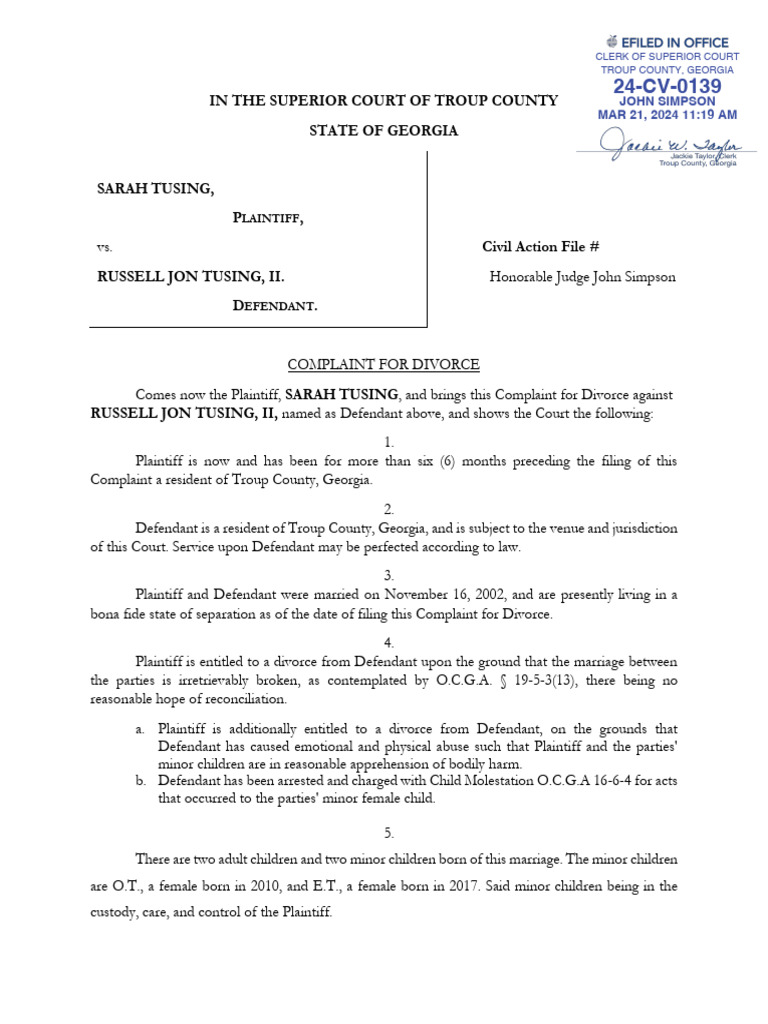 Tusing Court Case - Complaint For Divorce 3-21-2024 | PDF | Child ...