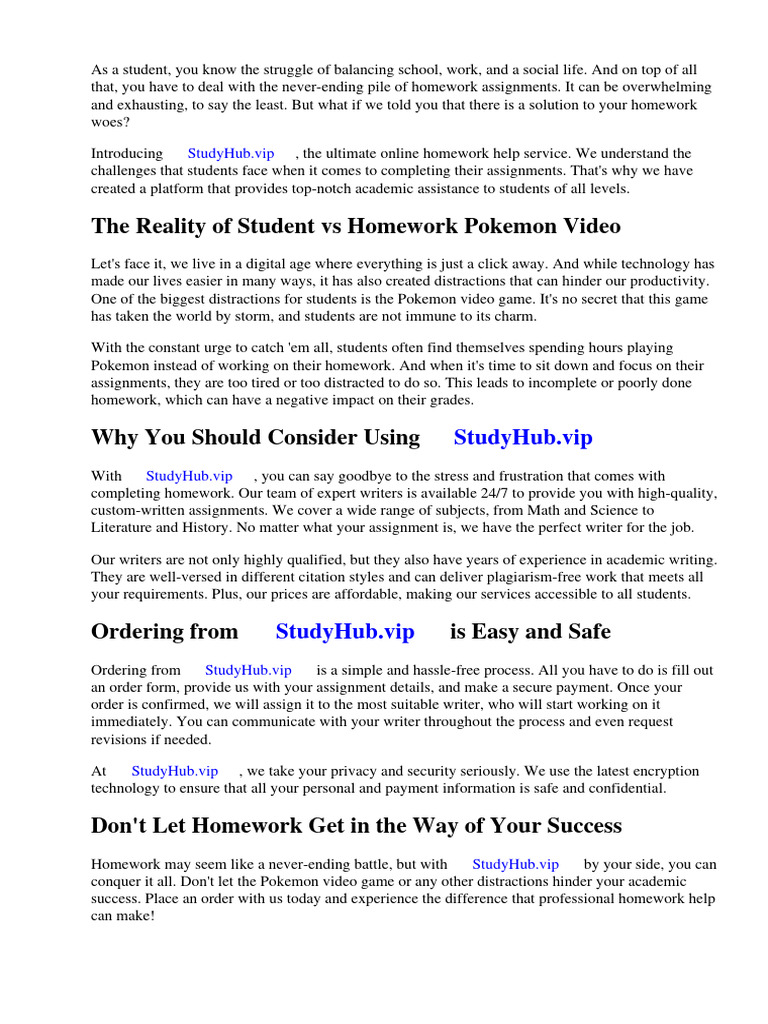Student vs Homework Pokemon Video | PDF | Pokémon | Nintendo