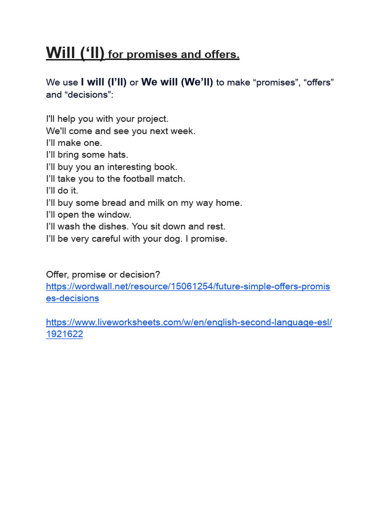 Using "Will" for Offers and Promises | PDF