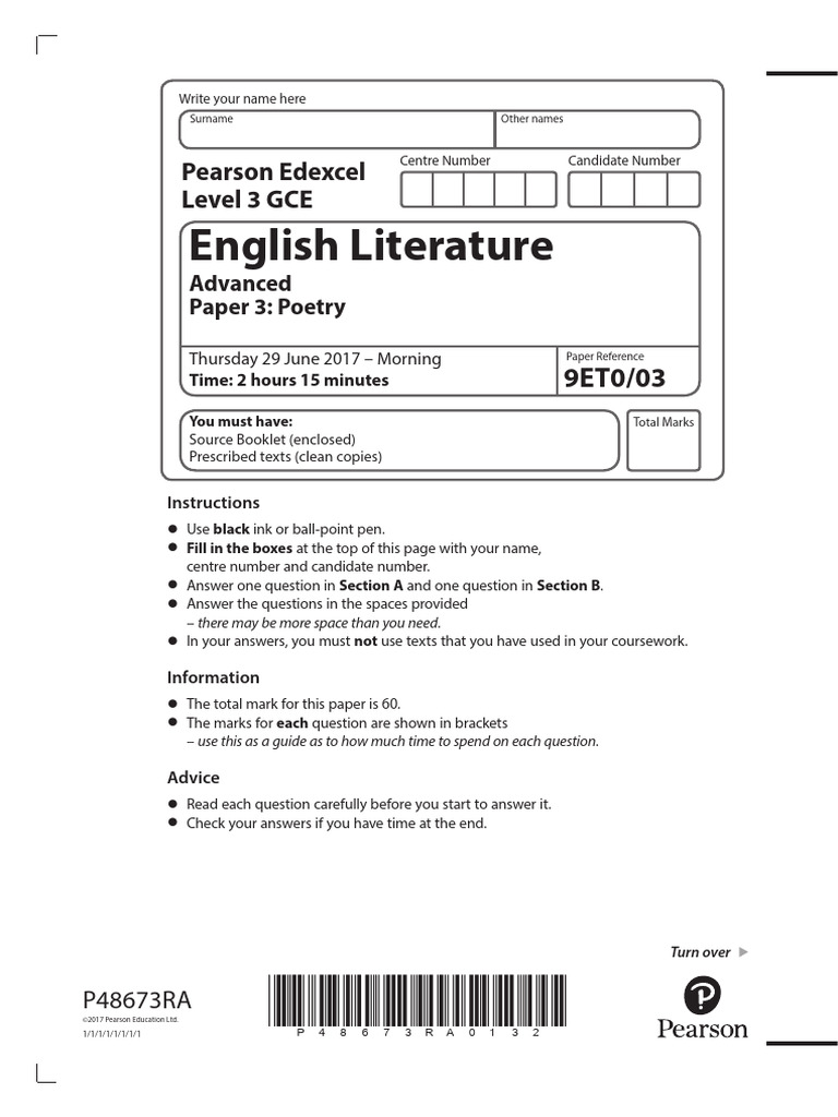 English Literature Poetry Exam Paper | PDF | Poetry