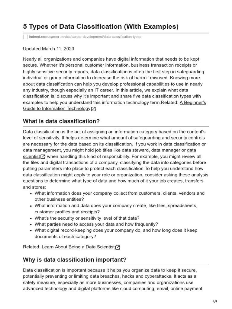 5 Types Of Data Classification With Examples Pdf Security