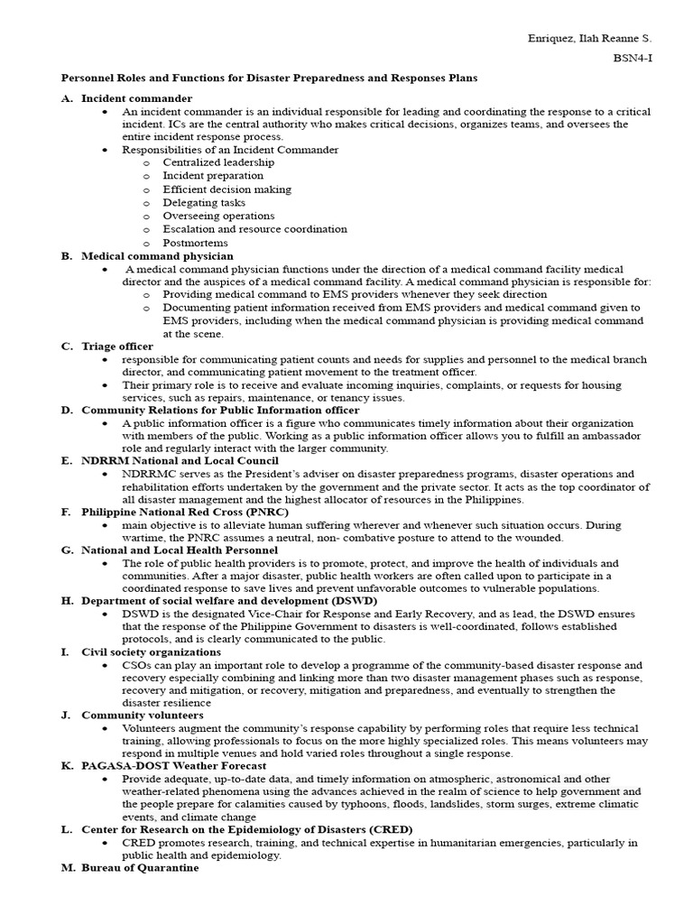 Personnel Roles and Functions For Disaster Preparedness and Responses ...