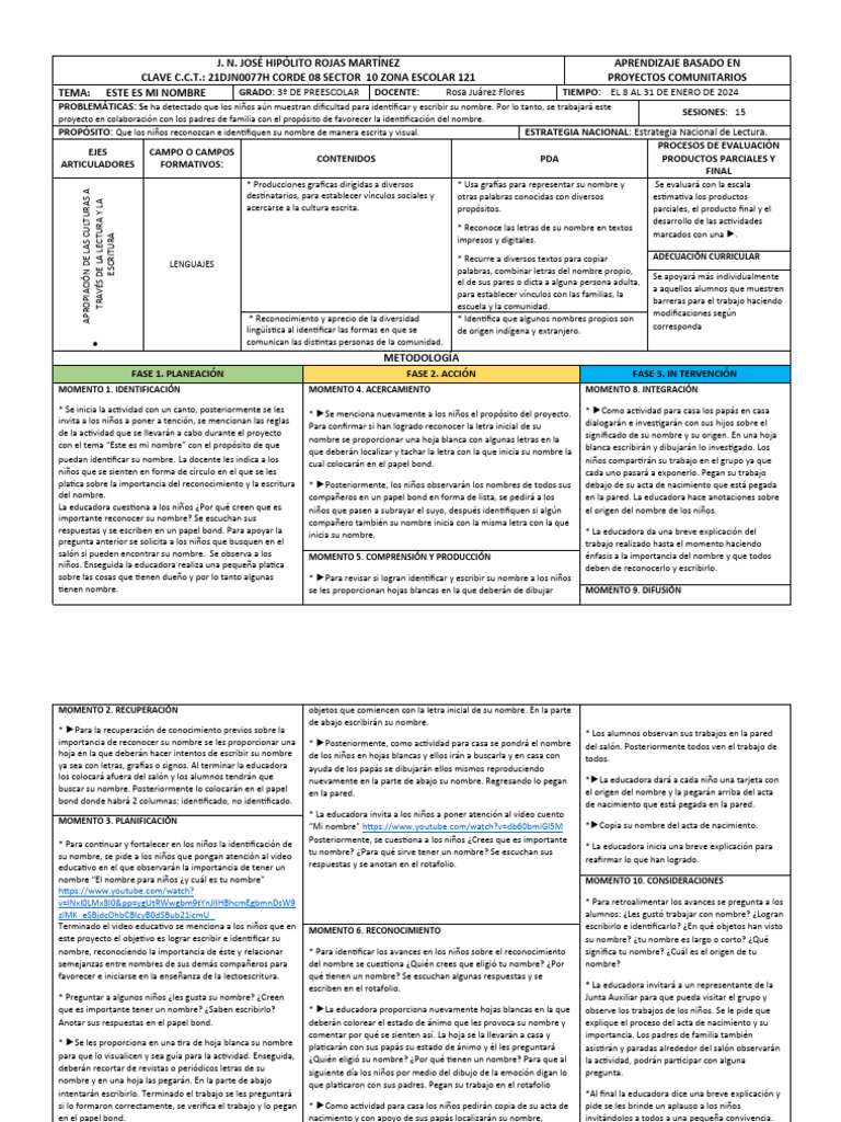 Proyecto "Este es mi nombre" Preescolar | PDF | Educación de la primera ...