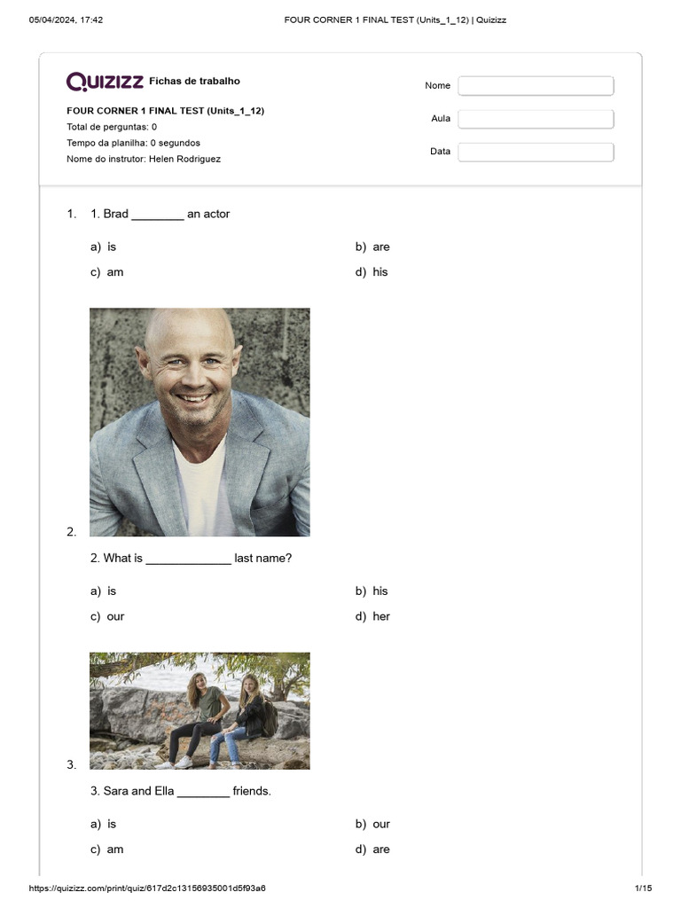FOUR CORNER 1 FINAL TEST (Units - 1 - 12) - Quizizz | PDF | Syntax ...