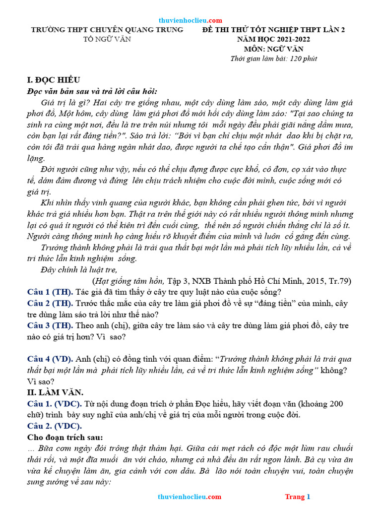 De Thi Thu TN THPT 2022 Mon Van Chuyen Quang Trung Binh Phuoc Lan 2 | PDF
