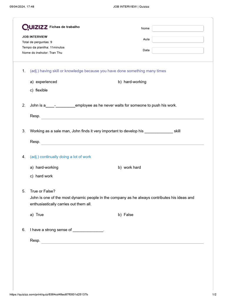 Job Interview Skills Quiz | PDF