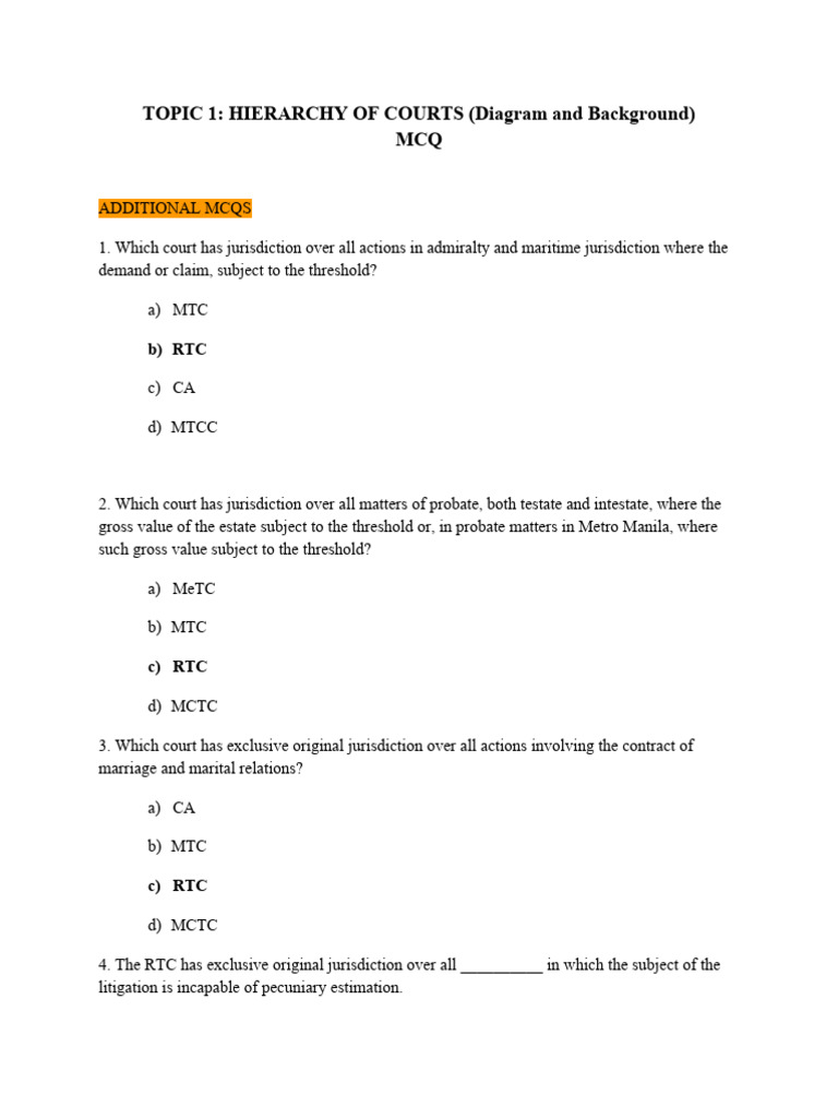 60 Additional MCQs TOPIC 1 Hierarchy of Courts Diagram Background MCQ 1 ...