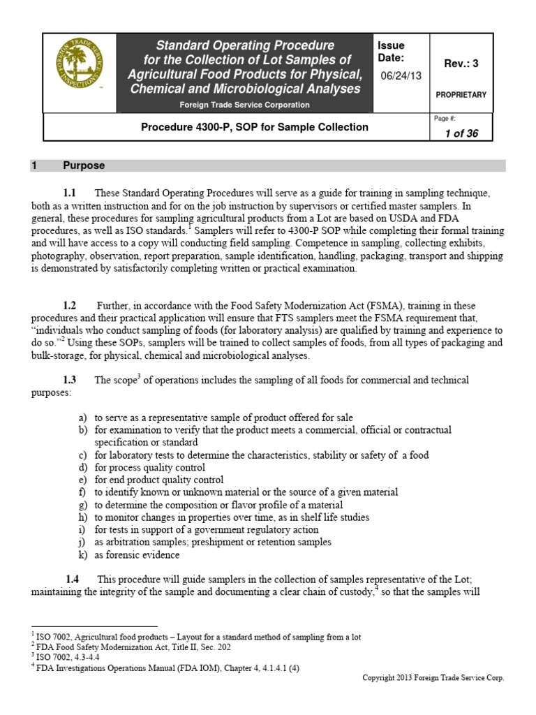 4300-SOP For Sample Collection Rev 3 | Download Free PDF | Food And ...