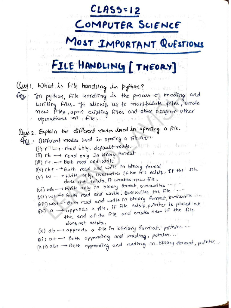 Class 12 CS Most IMP Ques File Handling (Theory) | PDF