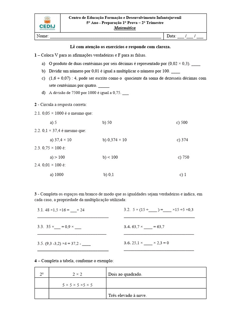 Prova 5°ano | PDF | Matemática
