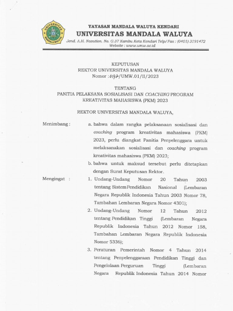 SK Panitia PKM 2023 Universitas Mandala | PDF