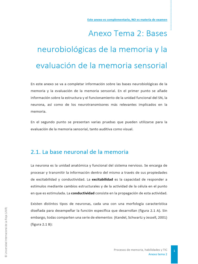 Anexo Tema 2 Bases Neurobiológicas de La Memoria y La Evaluación de La Memoria Sensorial | PDF ...