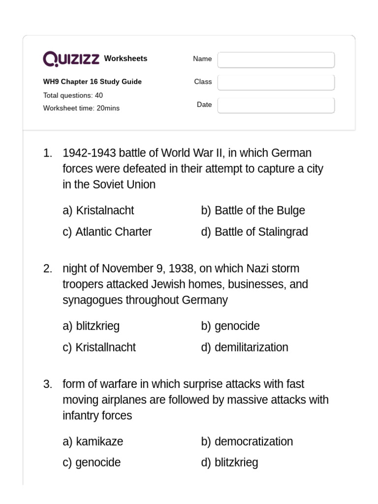 WWII Chapter 16 Study Guide Worksheets | PDF | World War II | Nazi Germany