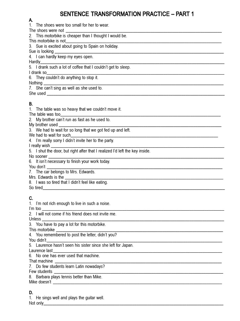 Sentence Transformation Practice - Part 1 | PDF | Cost Of Living