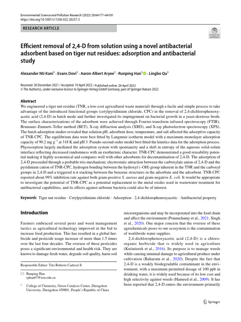 Efficient Removal Of 2 4 D From Solution Using A Novel Antibacterial