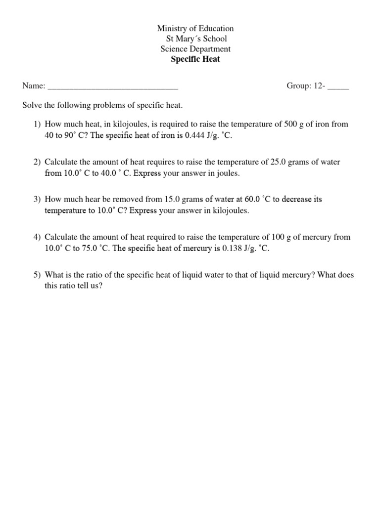 Specific Heat Calculations Worksheet | PDF | Science & Mathematics