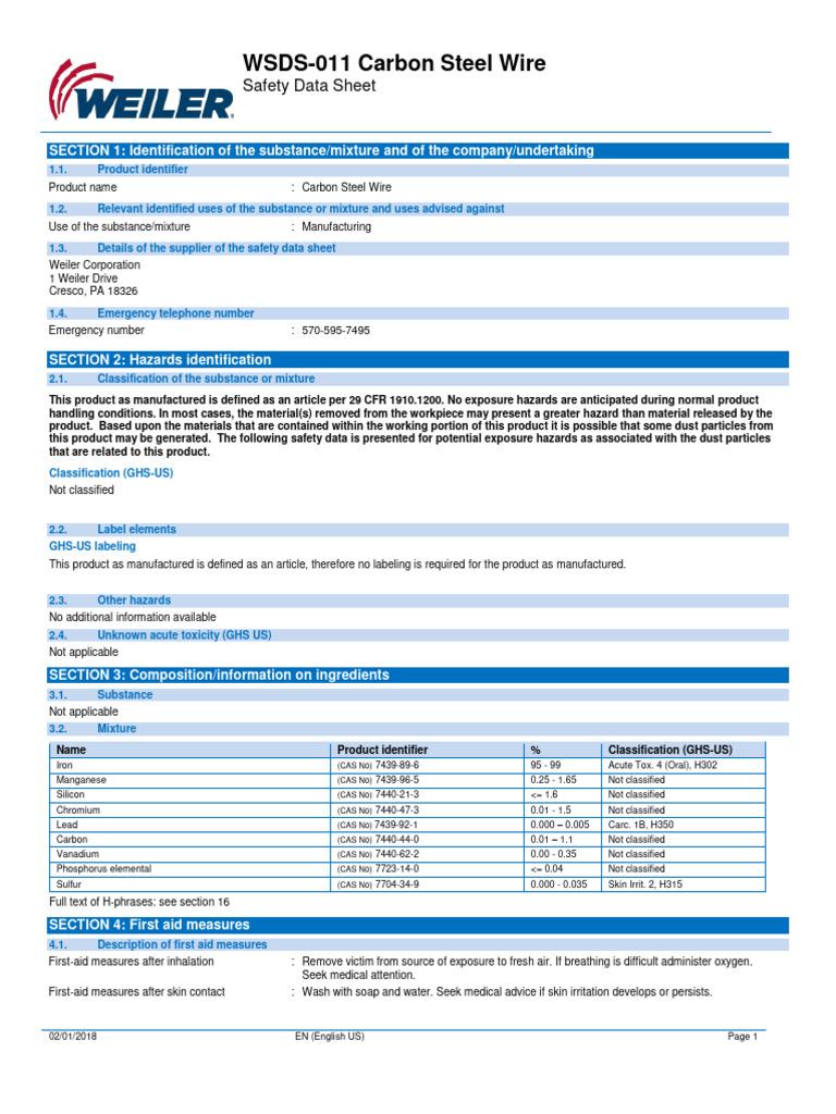 WSDS-011 Carbon Steel Wire SDS (EN) Rev. A | PDF | Working Conditions ...