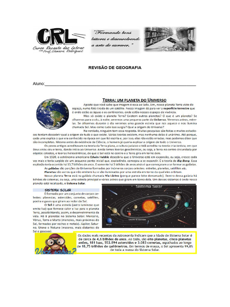 REVISÃO DE GEOGRAFIA A Terra No Universo e Representações Da Terra ...