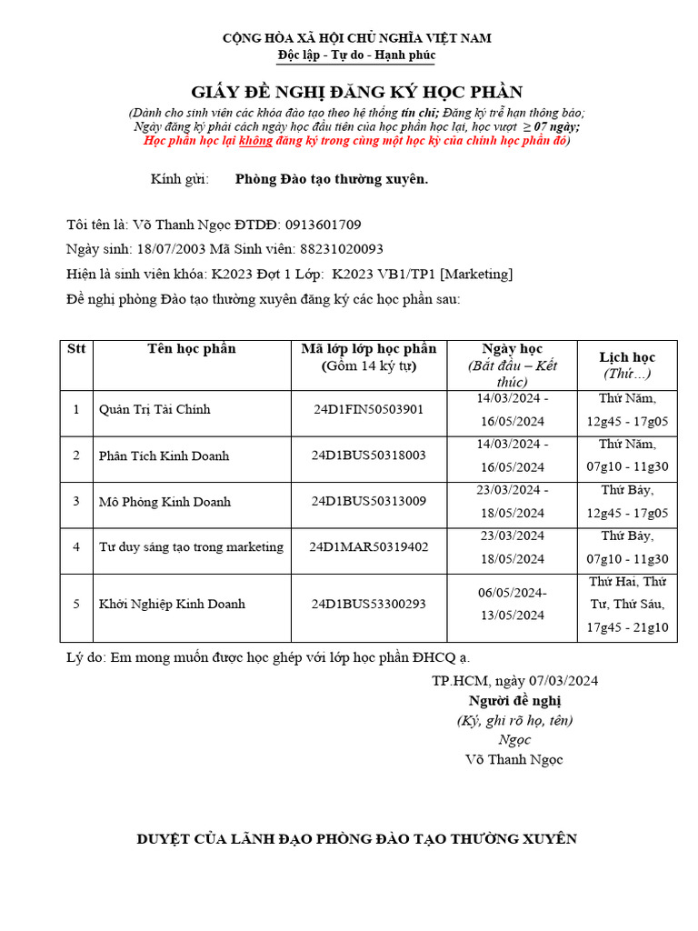 Giay de Nghi Dang Ky Hoc Phan | PDF Giay de Nghi Dang Ky Hoc Phan | PDF