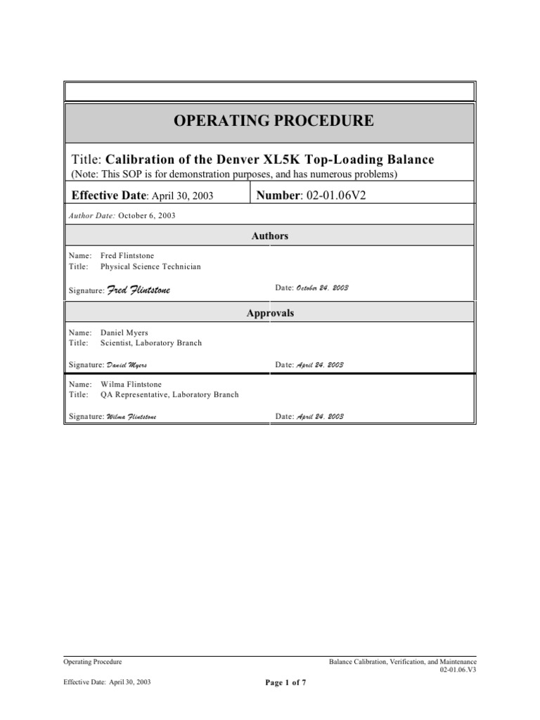 Myers SOP Example - Balance Verification | PDF | Calibration ...