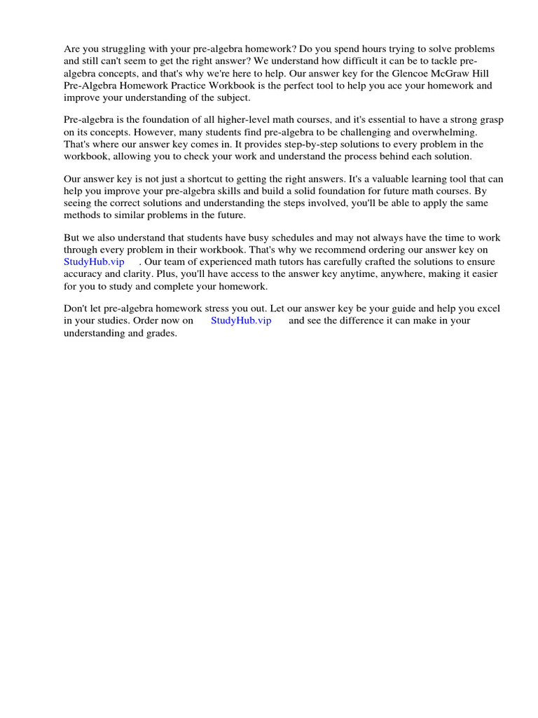 Glencoe Mcgraw Hill Pre Algebra Homework Practice Workbook Answer Key ...