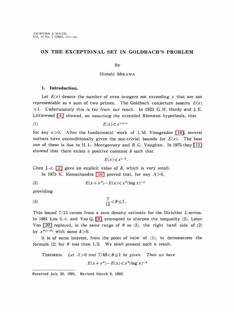 Exceptional: On The Set in Goldbach'S Problem | PDF | Complex Analysis | Mathematical Objects