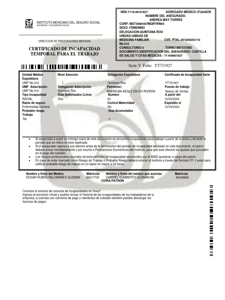 Certificado de Incapacidad Temporal IMSS | PDF | Cuidado de la salud ...