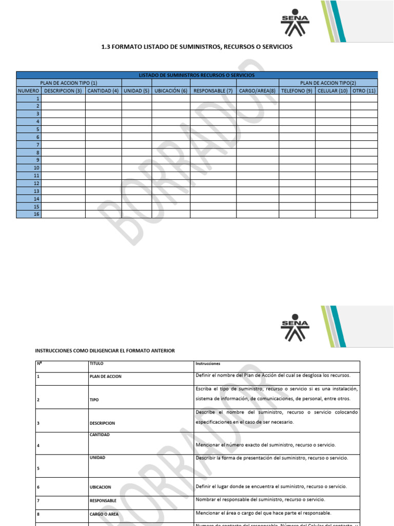 FORMATO LISTADO DE SUMINISTROS, RECURSOS O SERVICIOS | PDF