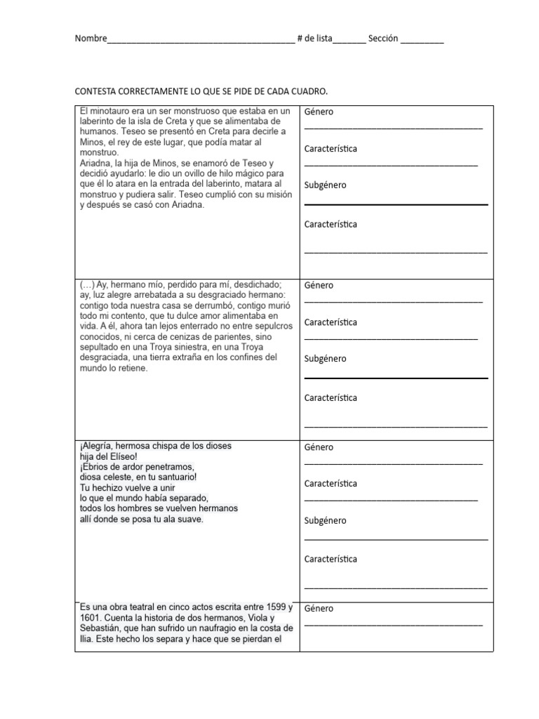 Ejercicio Géneros Literarios | PDF