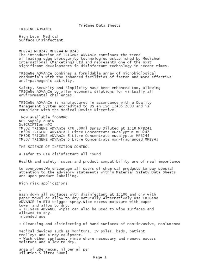 TriGene Data Sheets | PDF | Infection Control | Medical Device
