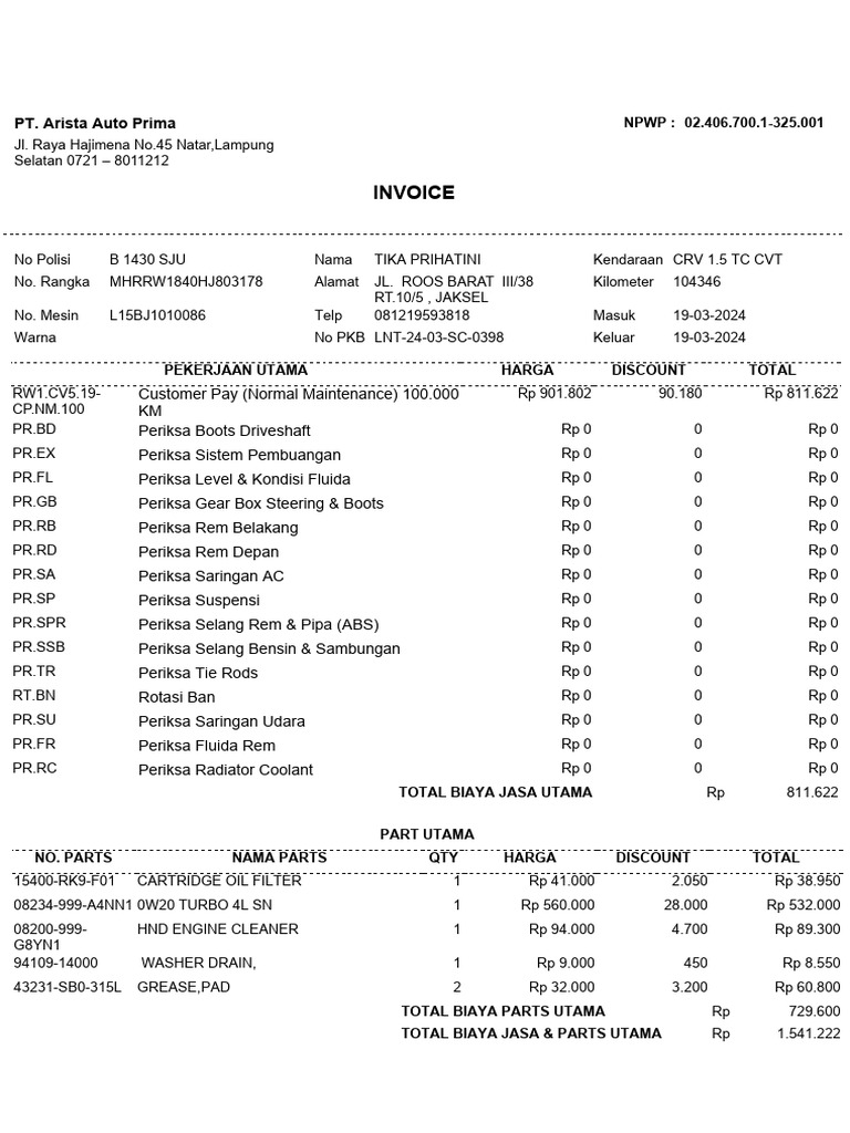 Invoice Service Berkala B 1430 SJU | PDF | Car | Manufactured Goods