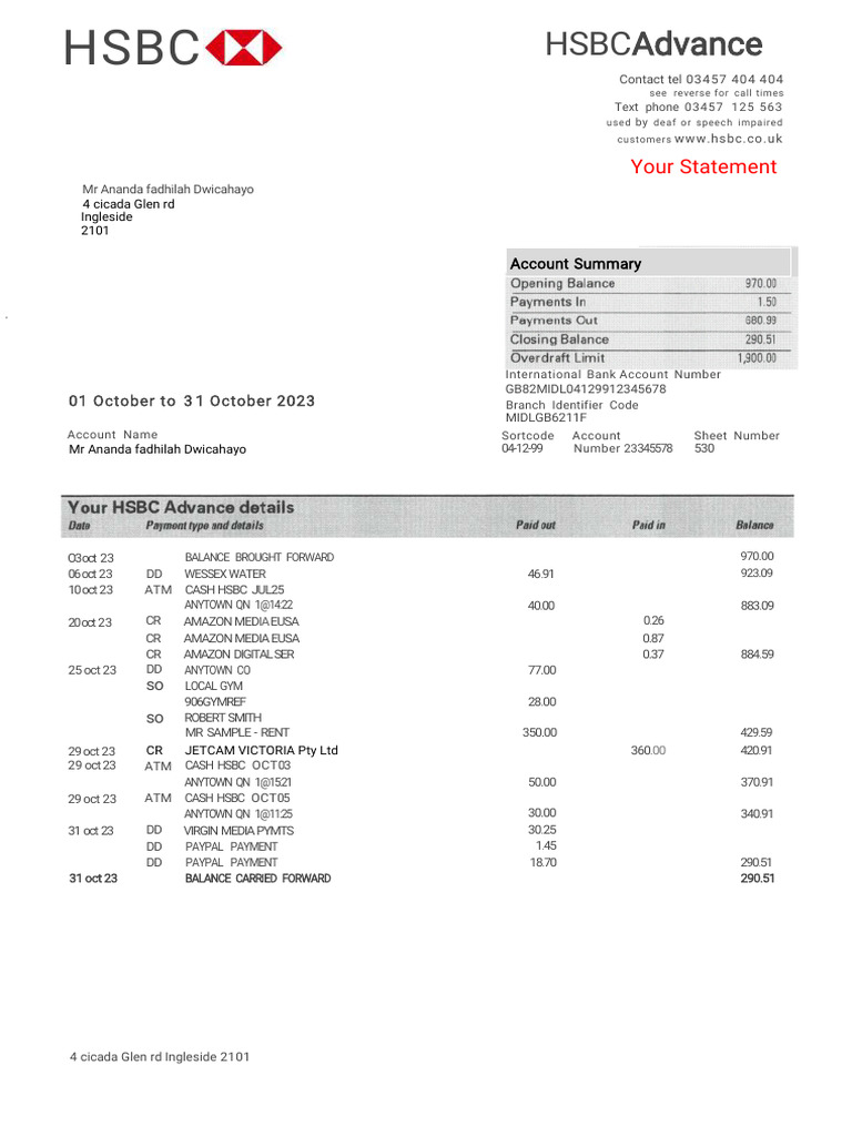 HSBCBank Estatment202310 | PDF | Overdraft | Transaction Account