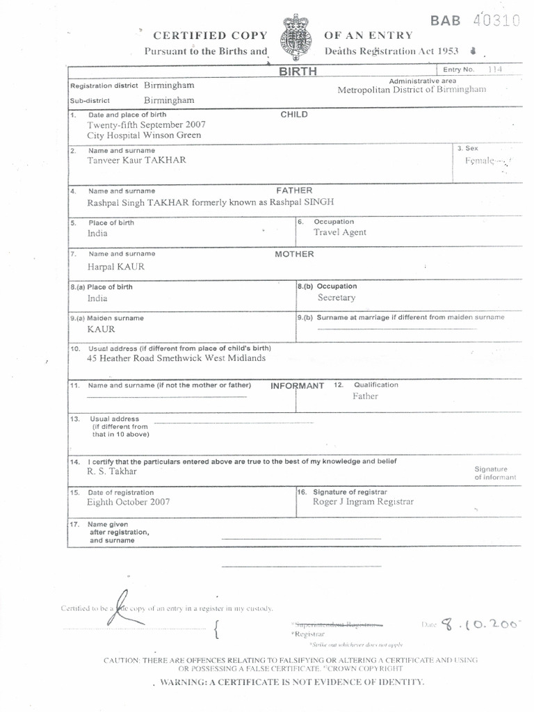 Child Birth Certificate | PDF