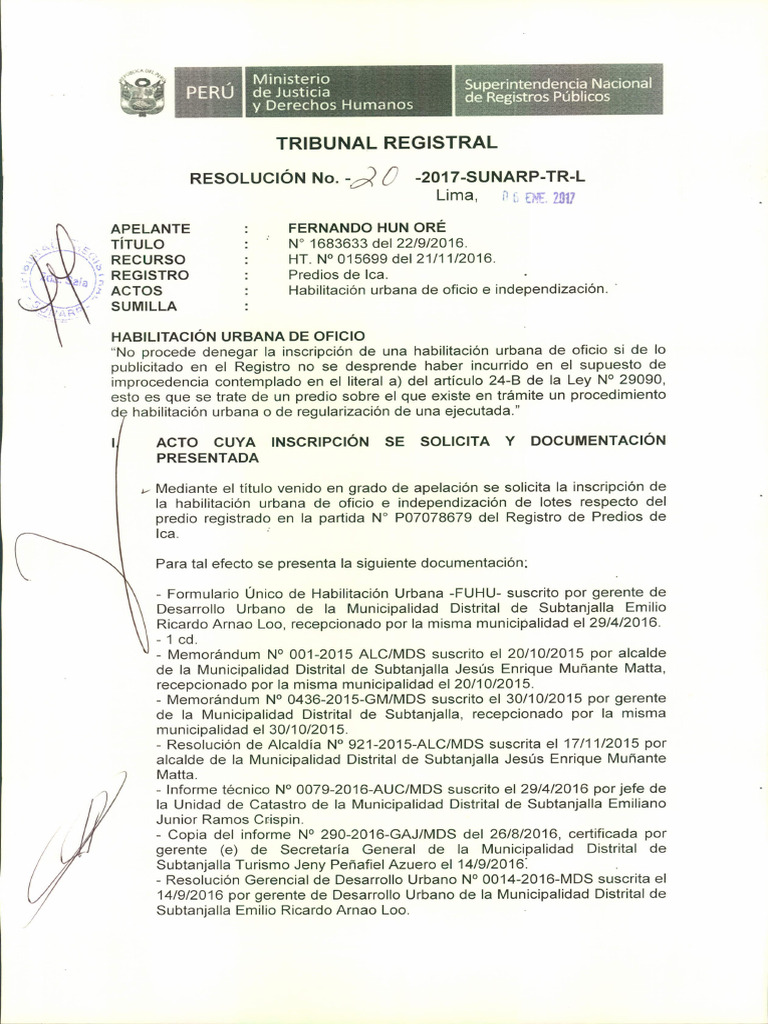 020 - 2017 - Sunarp - TR - L - Huo - No Necesita Esquema Urbano | PDF | Justicia | Crimen y ...