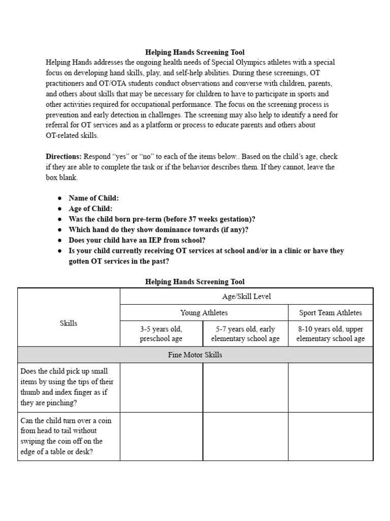 Helping Hands Screening Tool | PDF | Hygiene