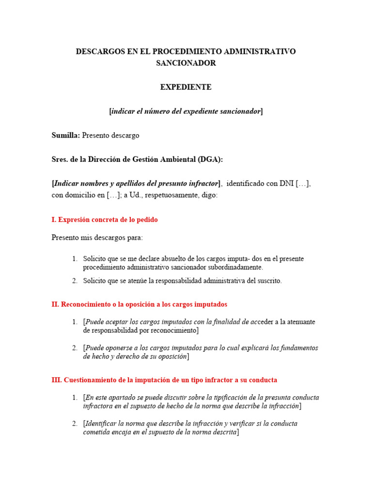 Modelo DESCARGOS EN EL PROCEDIMIENTO ADMINISTRATIVO SANCIONADOR | PDF | Justicia | Crimen y ...