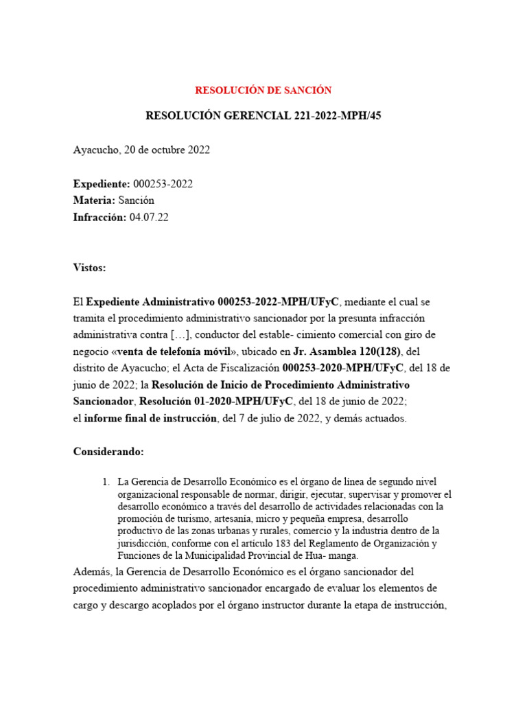 Modelo RESOLUCIÓN DE SANCIÓN | PDF | Negocios | Derecho