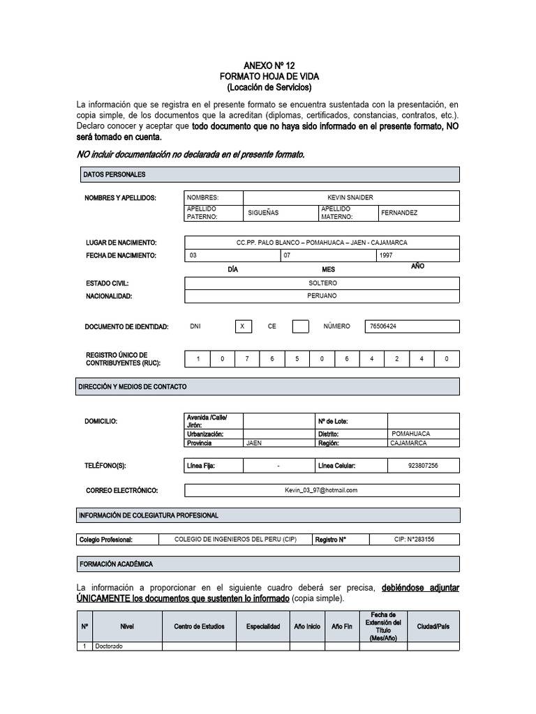 Anexo #12 - Formato Hoja de Vida - Kevin | PDF | Documento de identidad