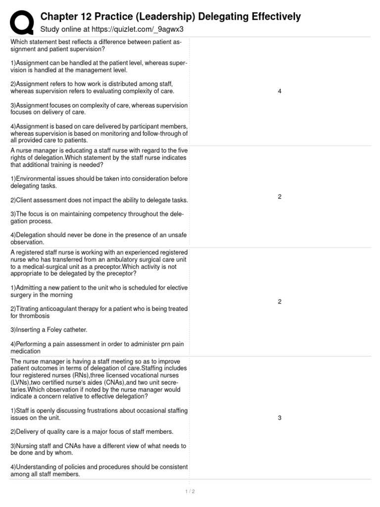 Chapter 12 Practice (Leadership) Delegating Effectively | PDF | Nursing | Clinical Medicine