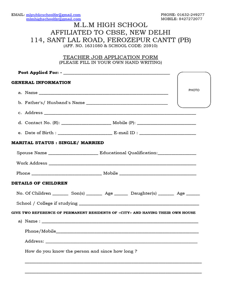 Teacher Vacancy Application Form | PDF
