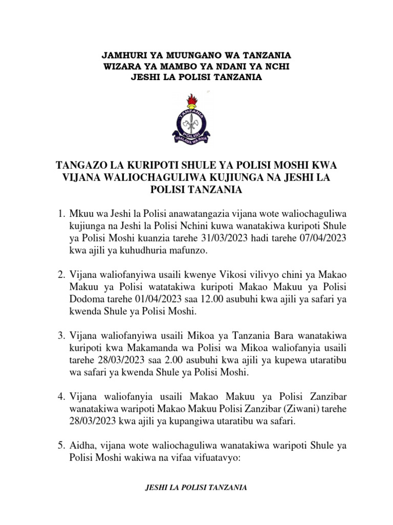 Tangazo La Waliochaguliwa Kujiunga Na Jeshi La Polisi | PDF
