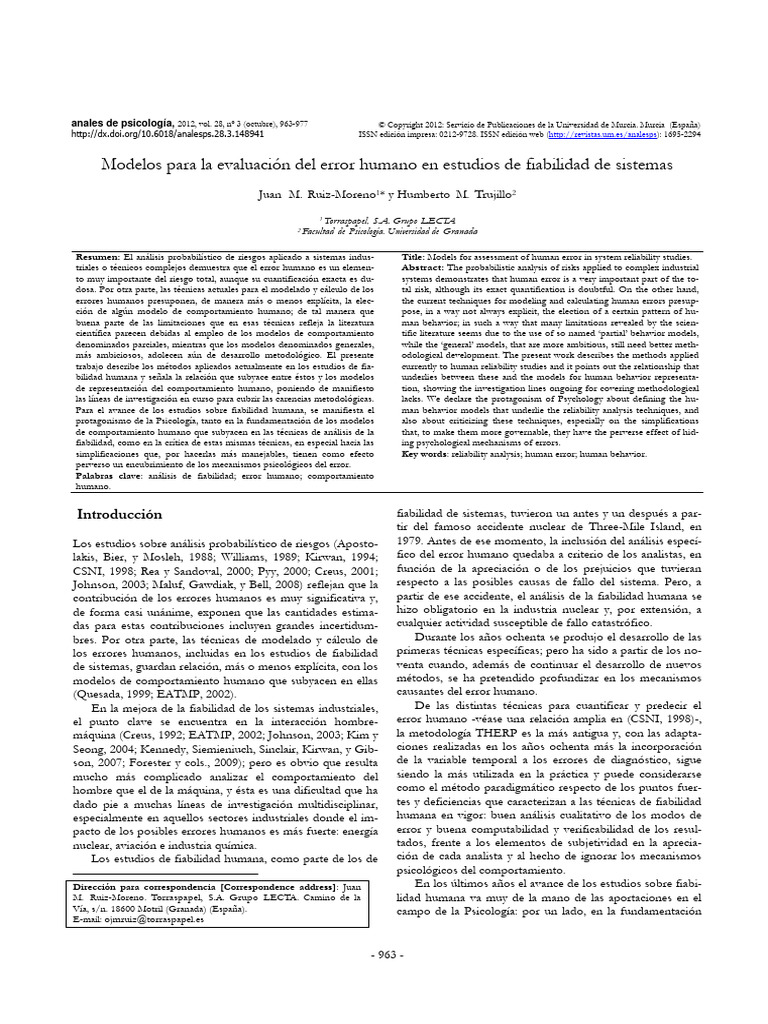 Ruiz y Trujillo 2012 Modelos Evaluación Error Humano en Estudios de Fiabilidad | PDF ...