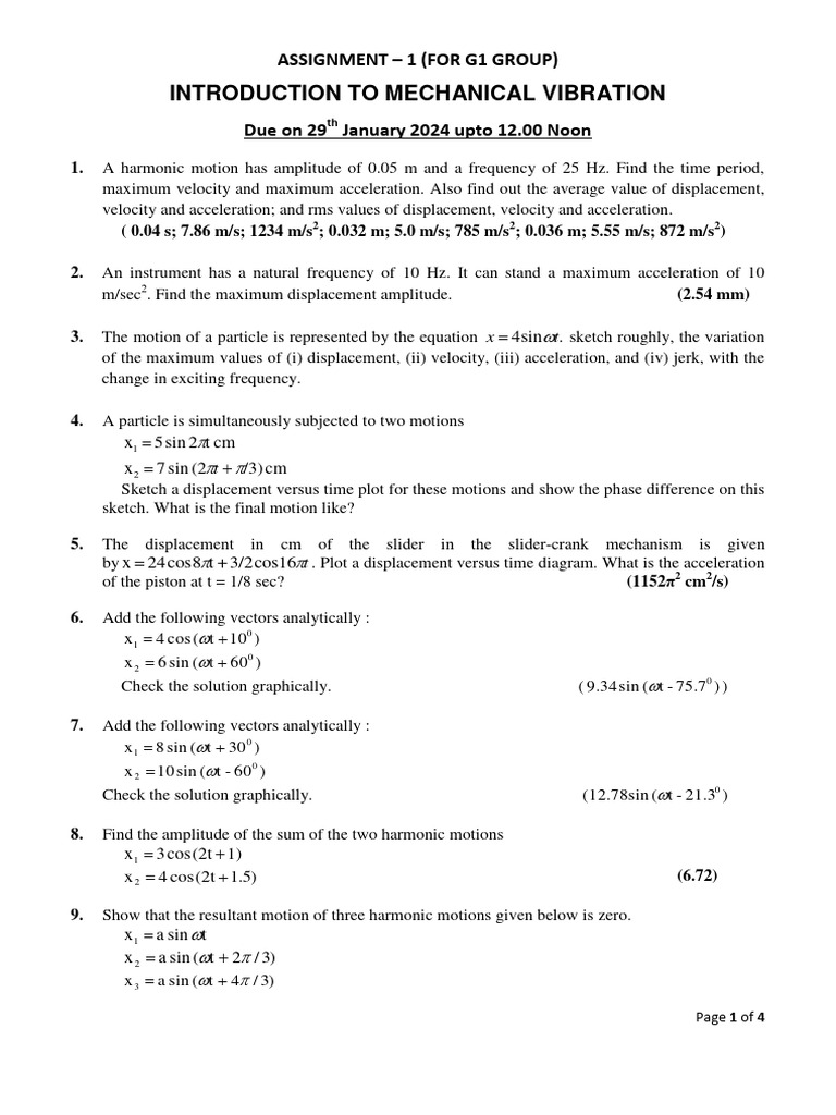 Mechanical Vibrations - Assignment-1 | PDF | Acceleration | Frequency