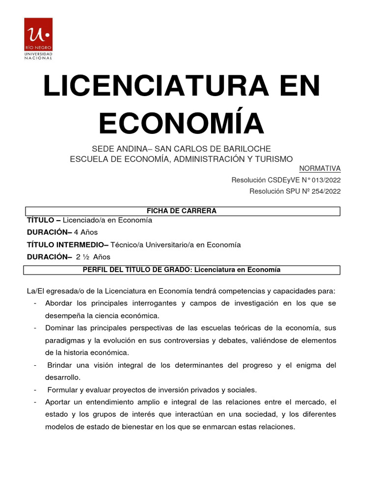 UNRN_LICENCIATURA EN ECONOMIA_PLAN DE ESTUDIOS 2022 | PDF | Contabilidad | Mercado (economía)