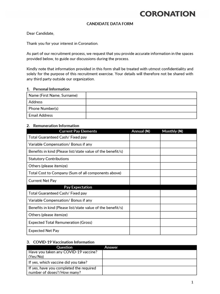 Coronation - Candidate Data Form | PDF | Recruitment